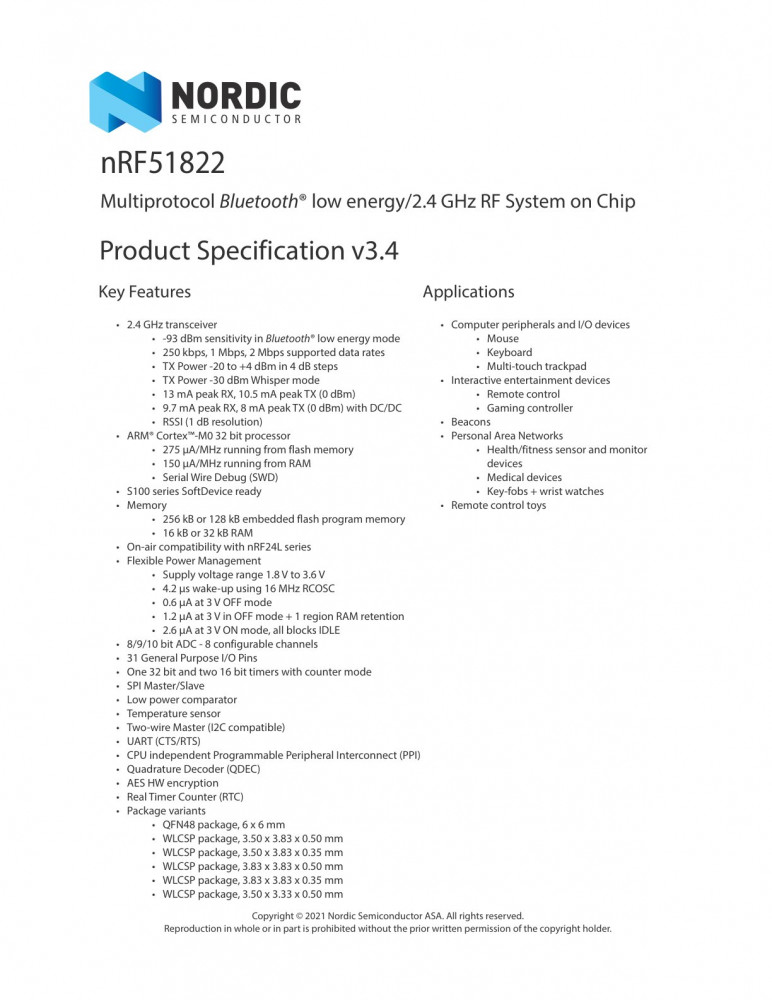 nRF51822 product specification page 1