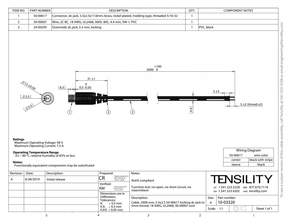 Tensility 10-03320 product drawing and wiring information