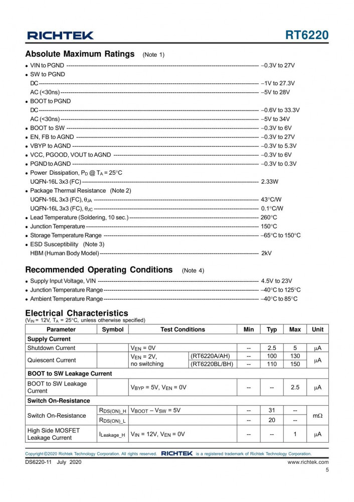RT6220BHGQUF datasheet page 5