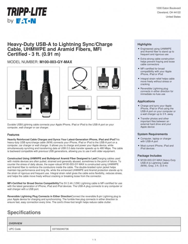 M100-003-GY-MAX technical document page 1