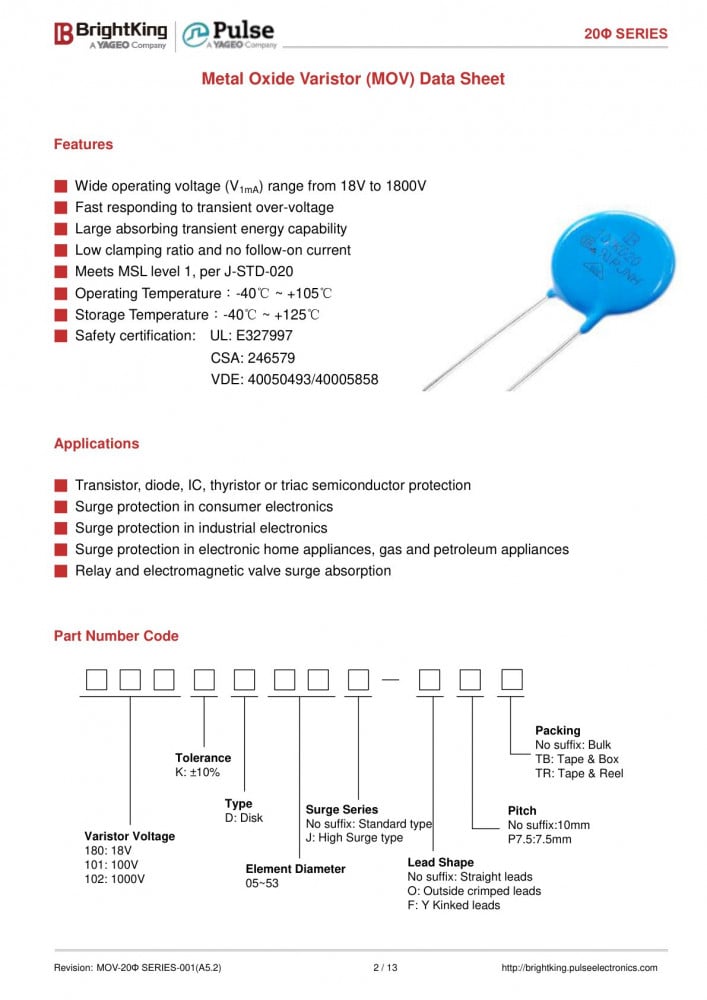 BrightKing MOV datasheet page 1