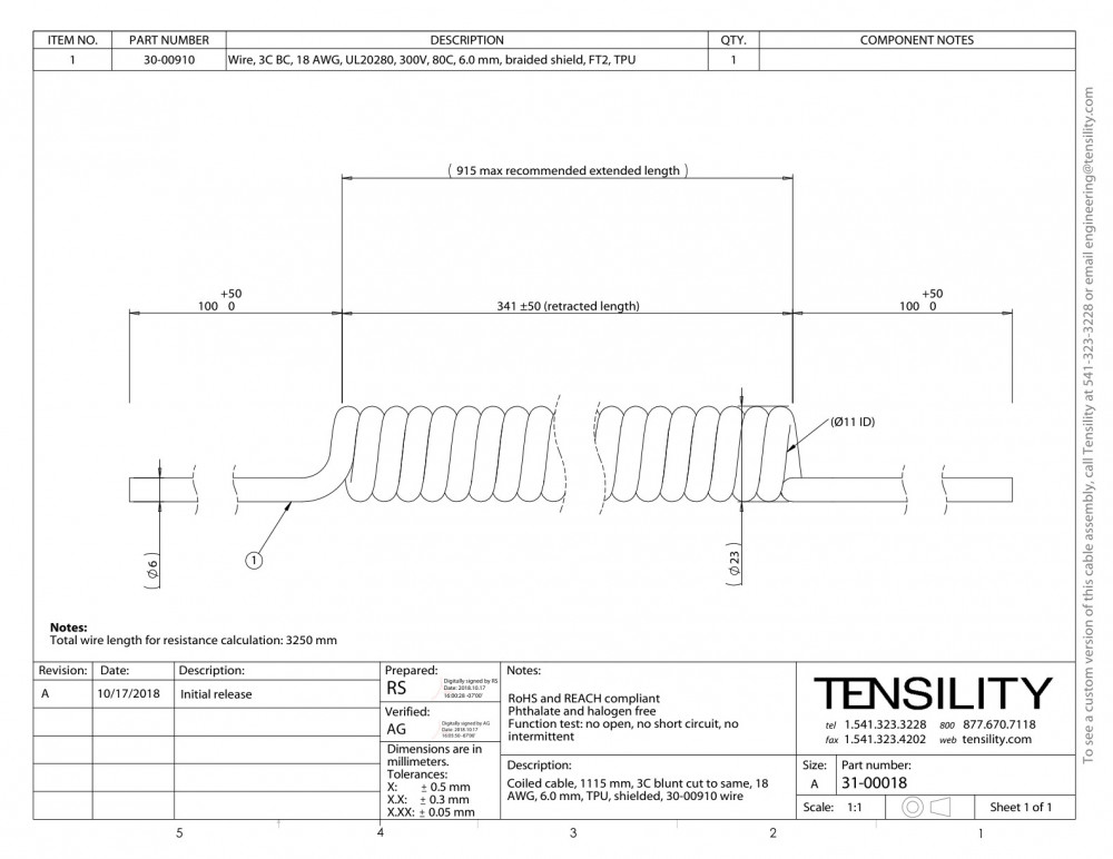 Tensility 31-00018 coiled cable assembly drawing