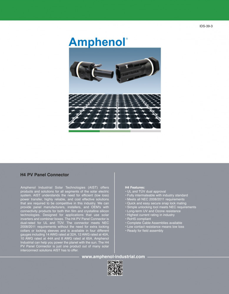 Amphenol H4 PV Panel Connector document page 1