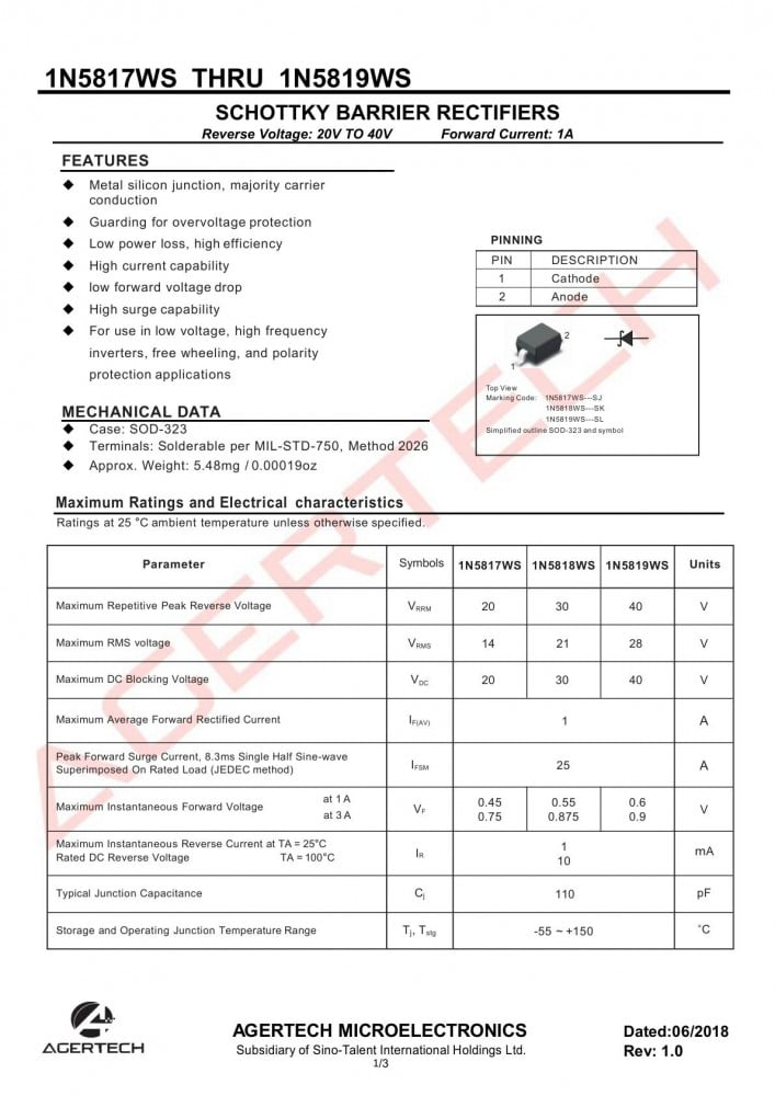 1N5819WS datasheet page 1
