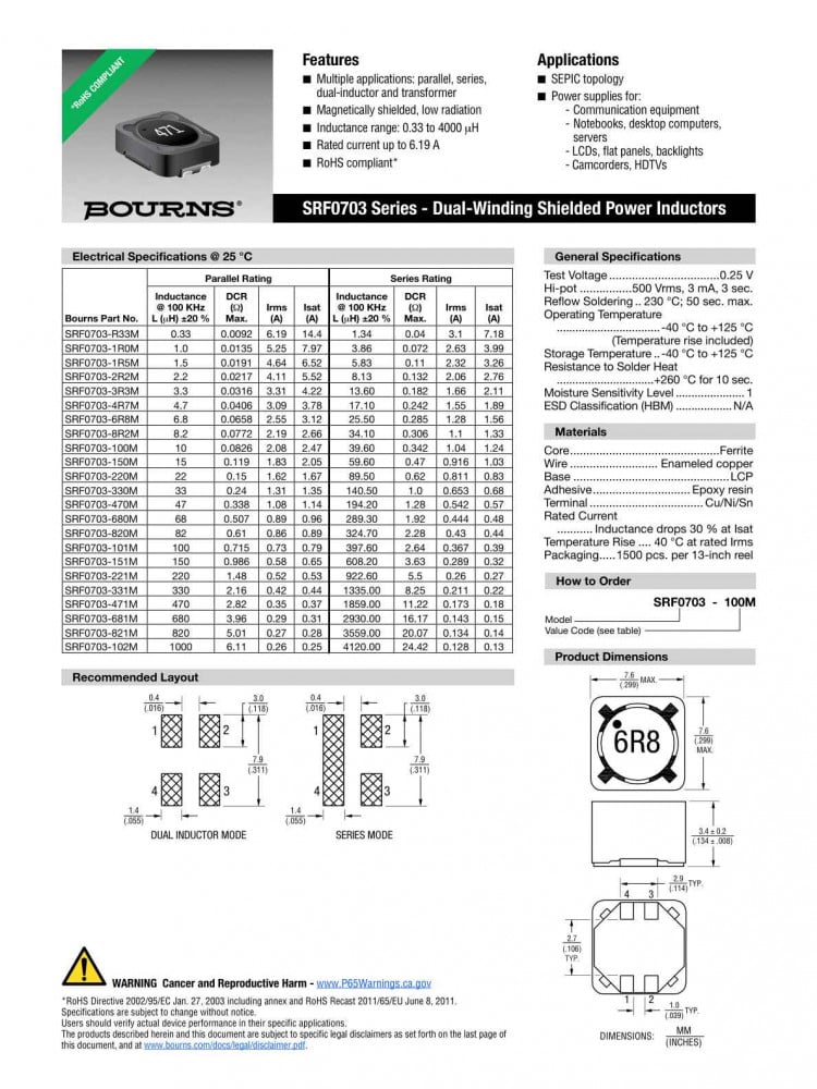 Bourns SRF0703-820M datasheet page 1
