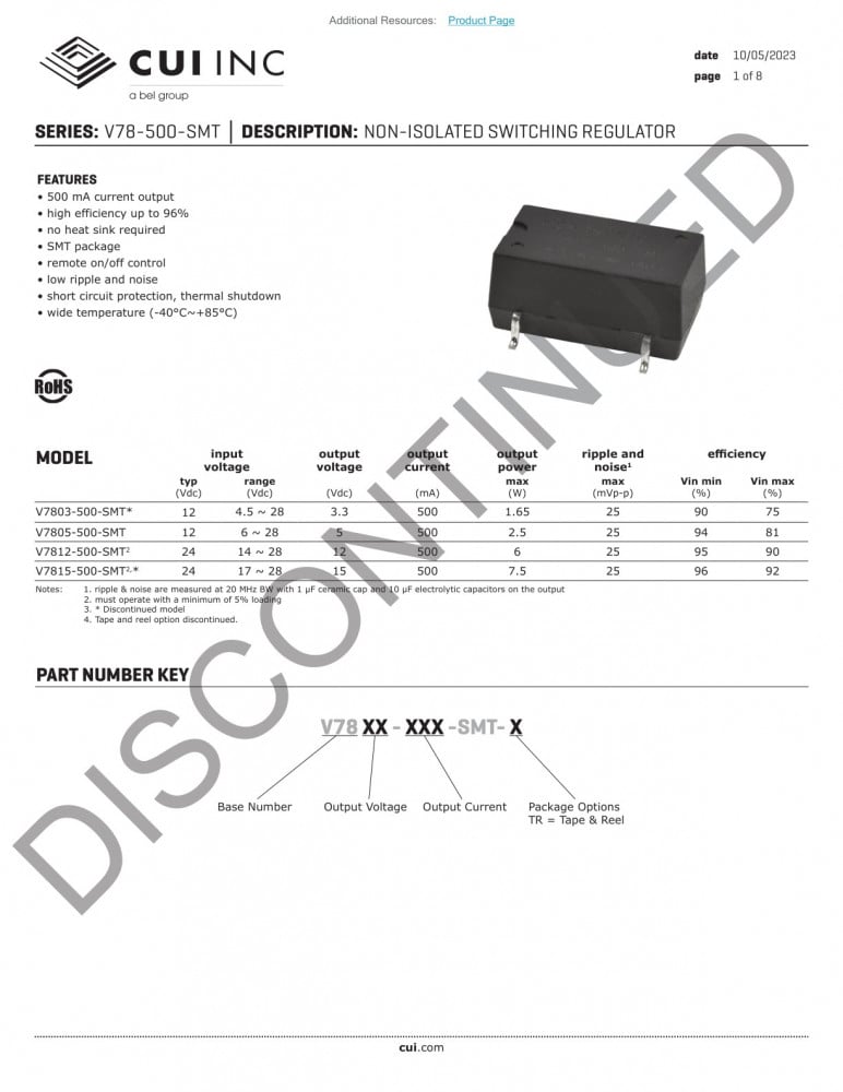 CUI V7805-500-SMT-TR datasheet page 1