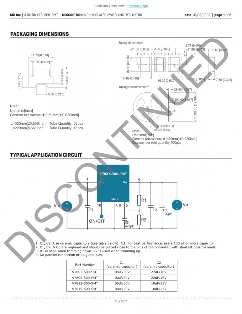 CUI V7805-500-SMT-TR datasheet page 4