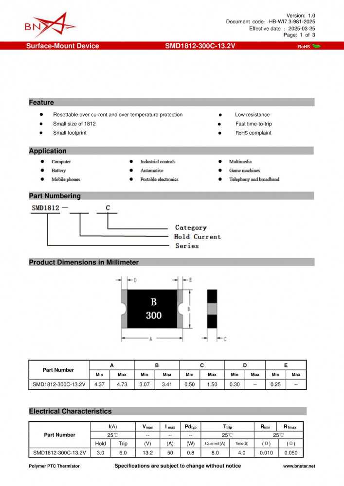 BNstar SMD1812-300C-13.2V datasheet page 1