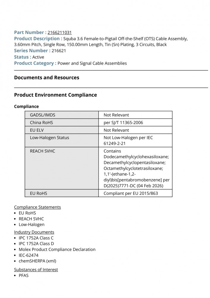 Technical document image 1 for MOLEX 2166211031