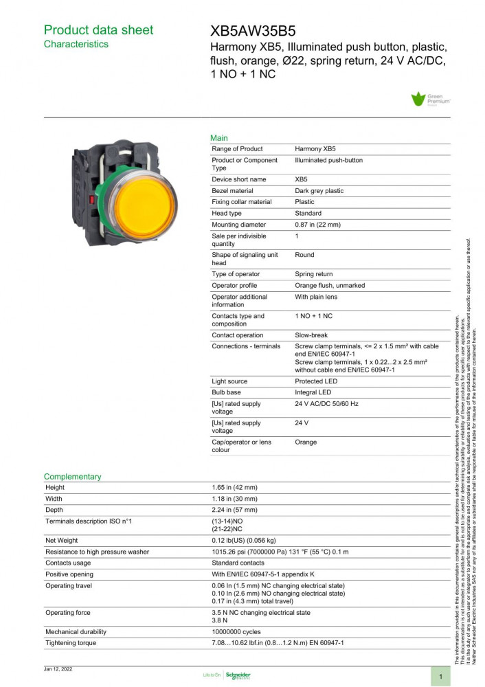 XB5AW35B5 technical document page 1