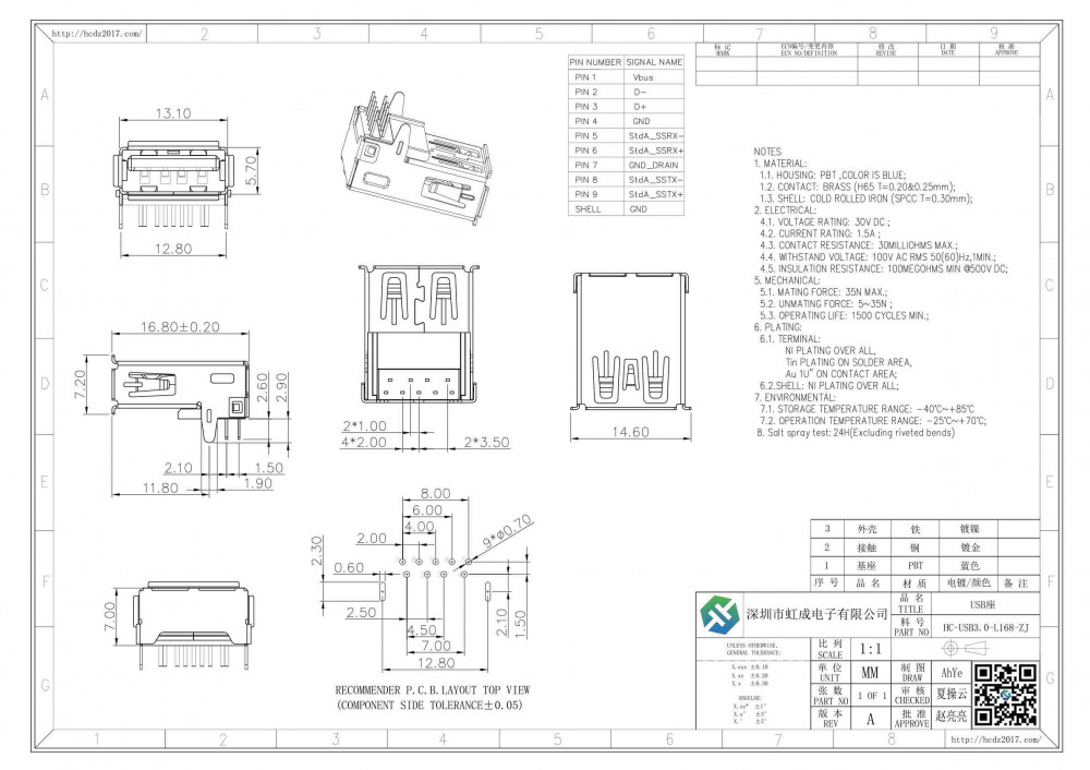 HC-USB3.0-L168-ZJ product drawing and specification page