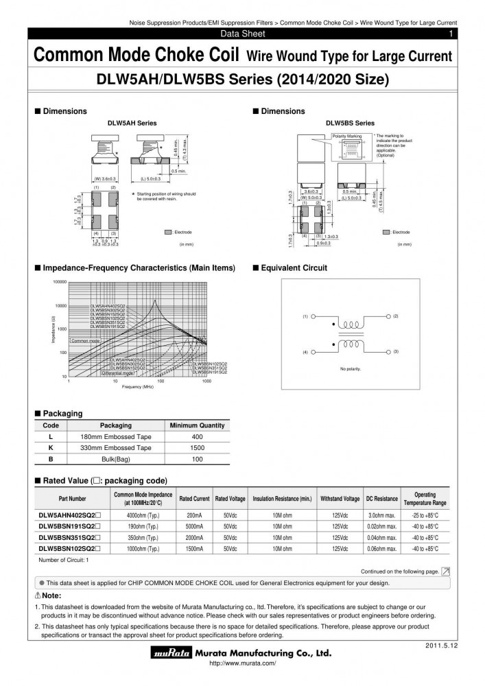 Murata DLW5BSN191SQ2L datasheet page 1