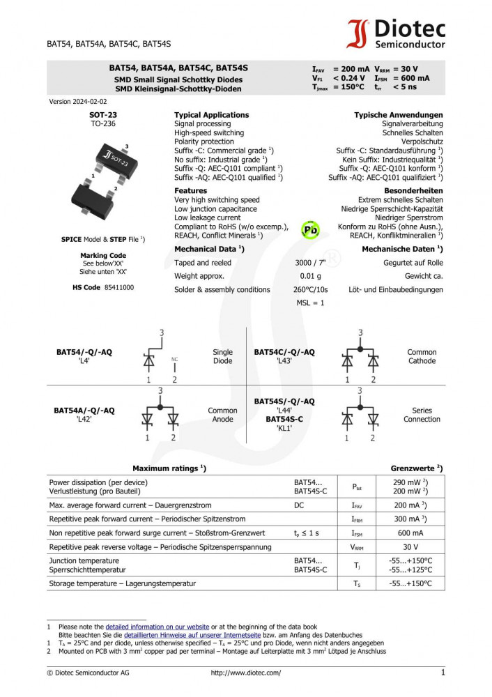 DIOTEC BAT54S datasheet page 1