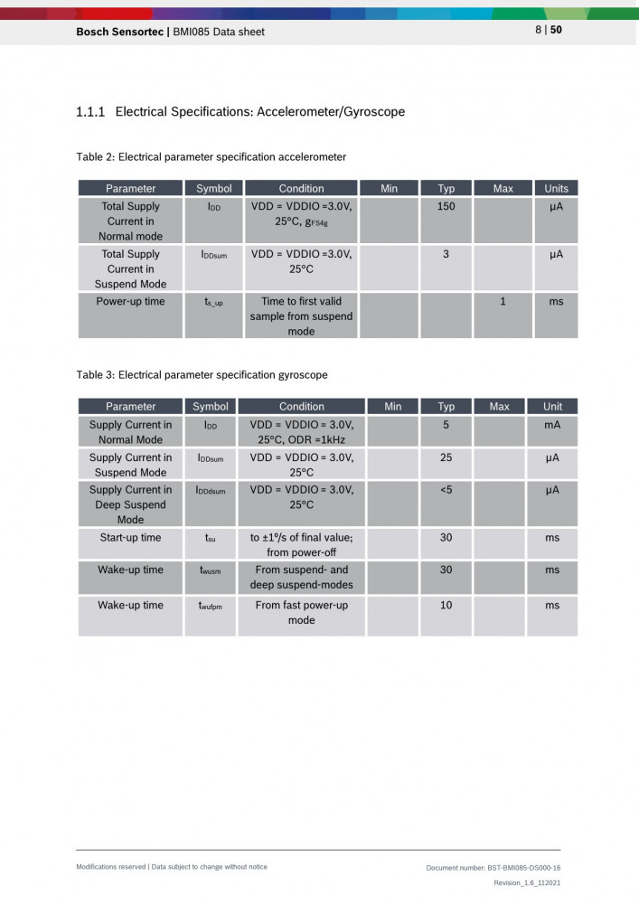 BMI085 datasheet page image 8