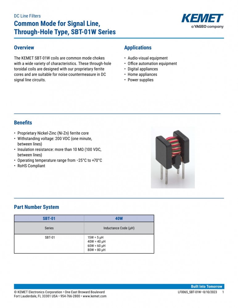 KEMET SBT-0140W datasheet page 1
