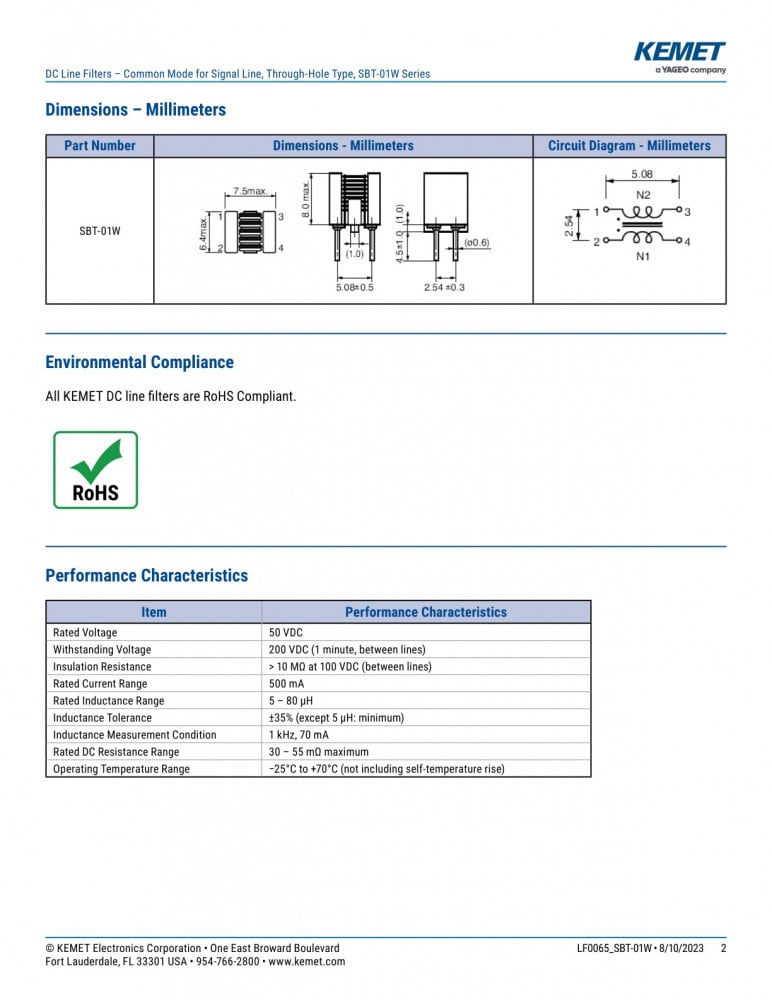 KEMET SBT-0140W datasheet page 2
