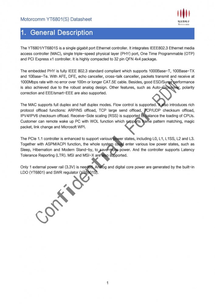 Motorcomm YT6801 datasheet page 2