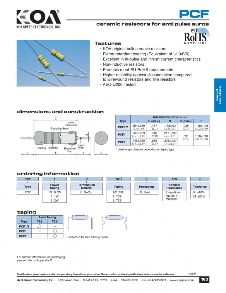 KOA PCF series technical document page 1