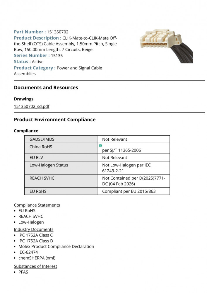 MOLEX 151350702 product drawing, page 1