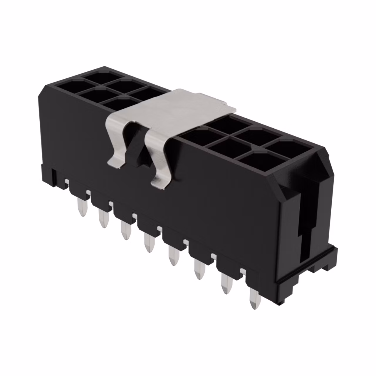Micro-Fit 3.0 Vertical Header, 3.00mm Pitch, Dual Row, 16 Circuits, Straight Tail, with PCB Polarizing Peg, 0.76µm Gold Plating, Glow-Wire Capable, Black, Tape and Reel, with Pick and Place Cap for sale