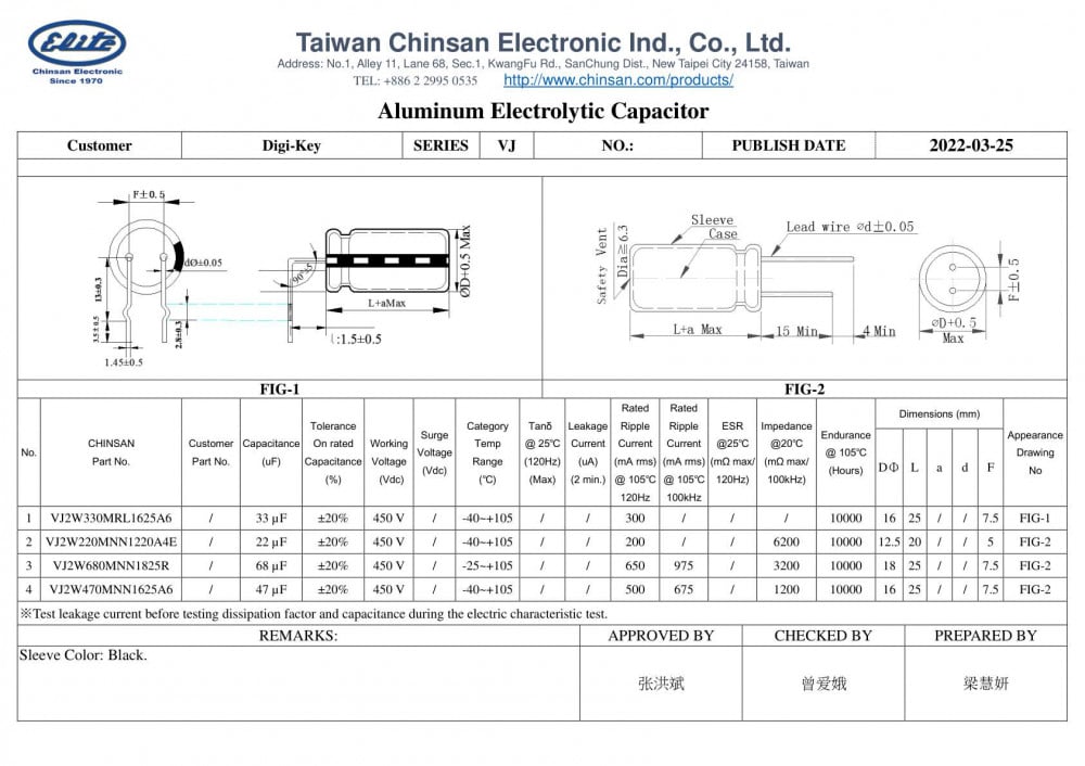 Chinsan VJ2W220MNN1220A4E dimensional and electrical table