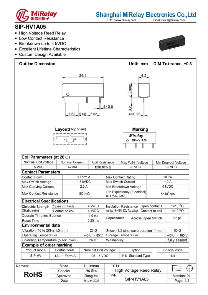MiRelay SIP-HV1A05 datasheet page
