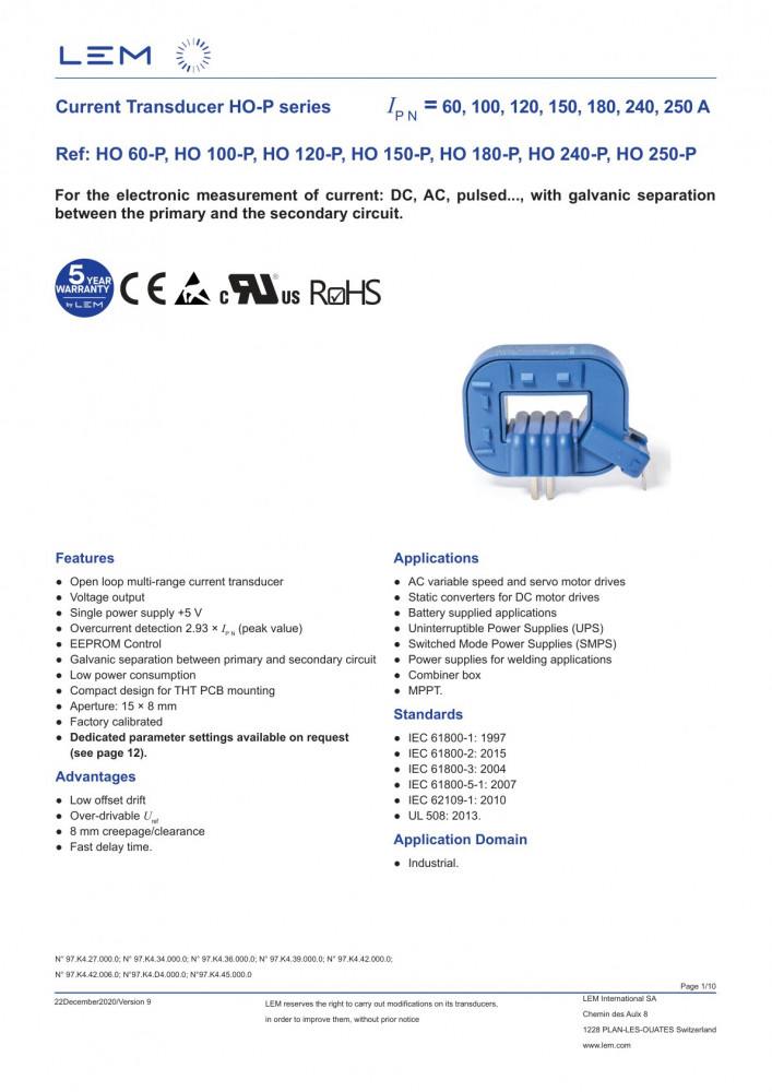 LEM HO-P datasheet page 1