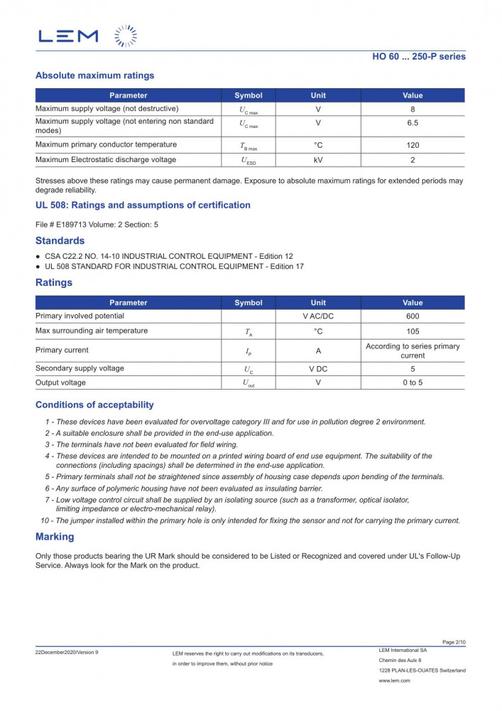 LEM HO-P datasheet page 2