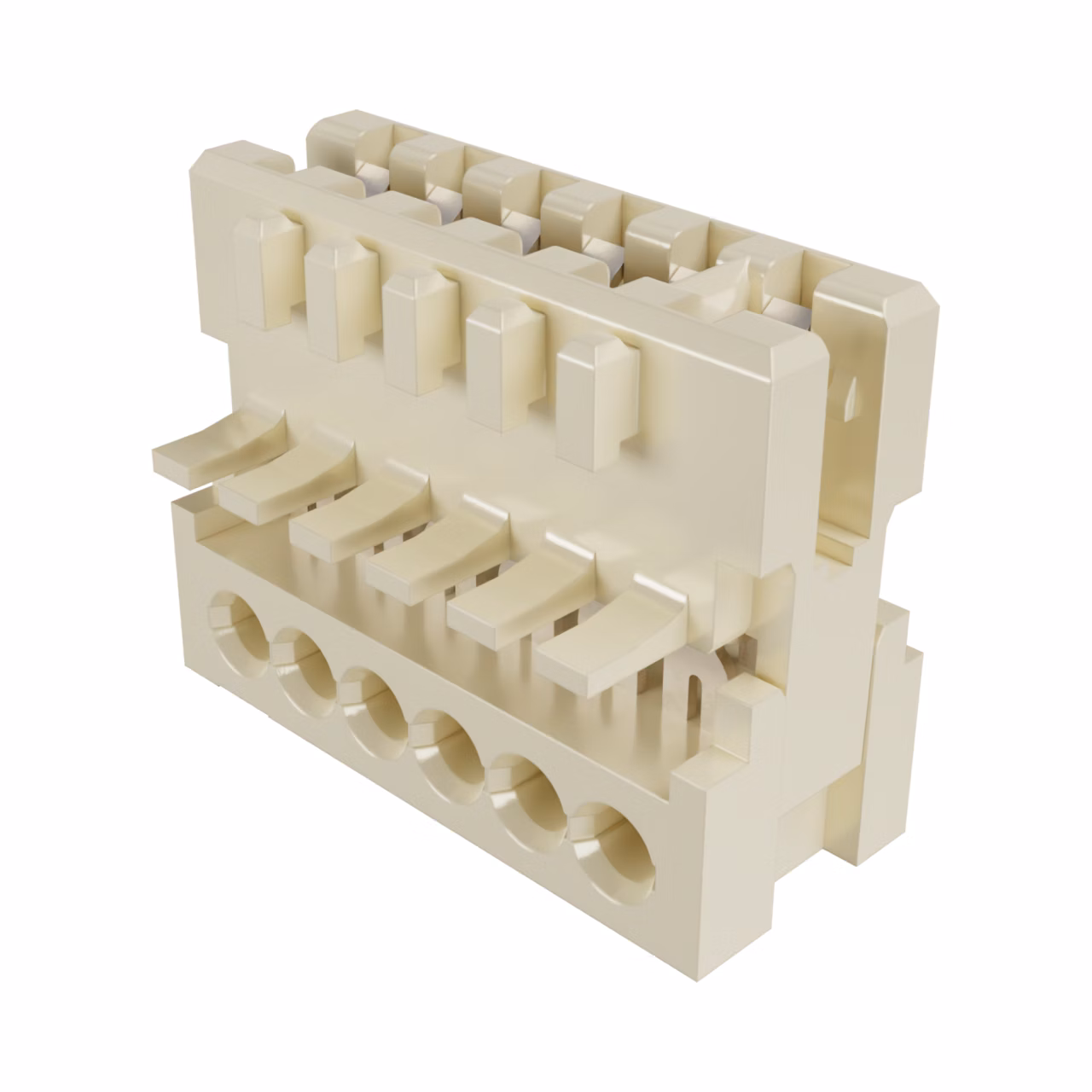 Appli-Mate RAST 2.5 Connector, 2.50mm Pitch, Female, 6 Circuits, Positions A and G Removed, Polarizing Rib Between 5/6, Locking Pips, Open Endwalls, Tin Plating for sale