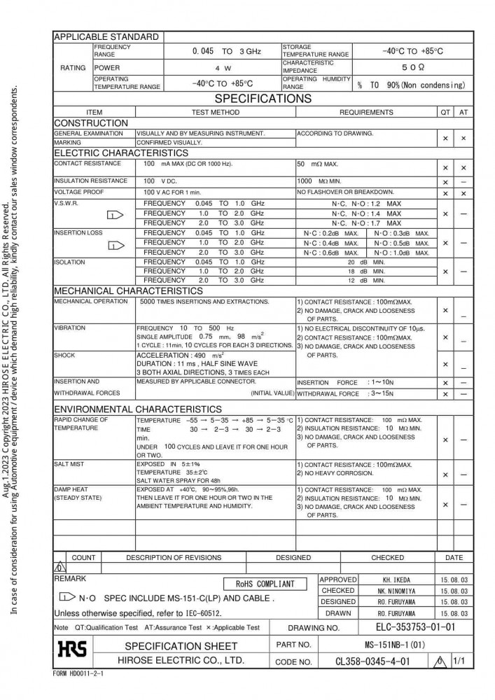 HRS MS-151NB-1(01) specification sheet preview