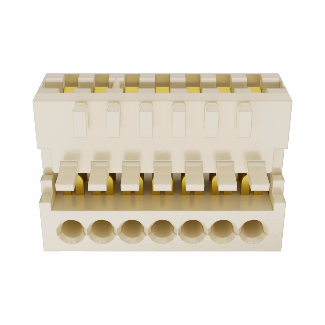 Appli-Mate RAST 2.5 Connector, 2.50mm Pitch, Female, 7 Circuits, Positions A and H Removed, Polarizing Rib Between 2/3, Locking Pips, Slotted Endwalls, Gold Plating for sale