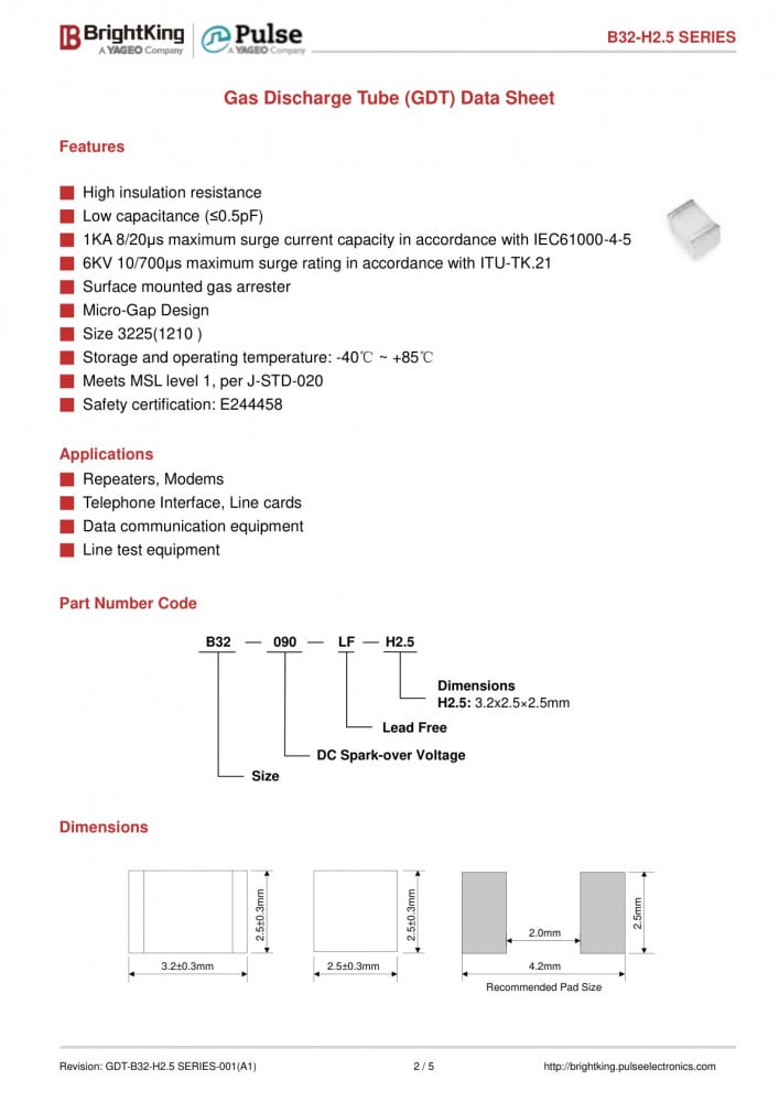 B32 series GDT datasheet page 1