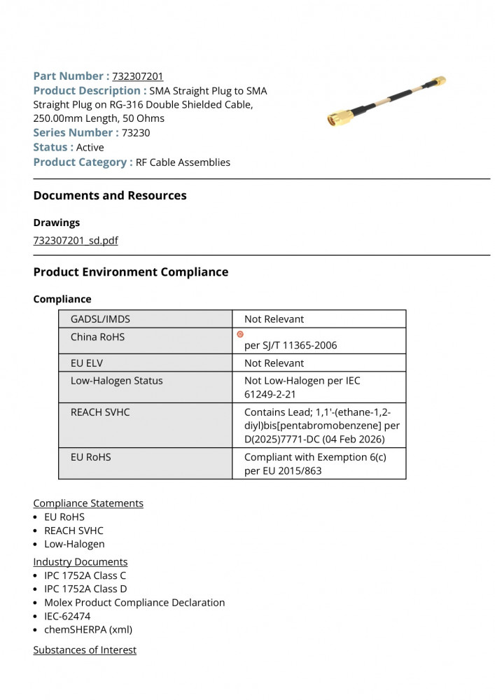 MOLEX 732307201 product drawing, page 1