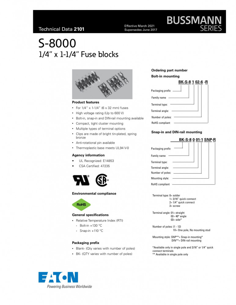 Eaton S-8000 fuse block documentation page 1