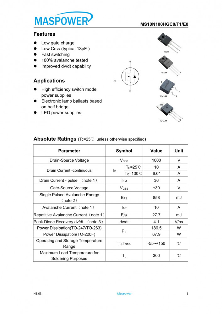MS10N100HGT0 datasheet page 1