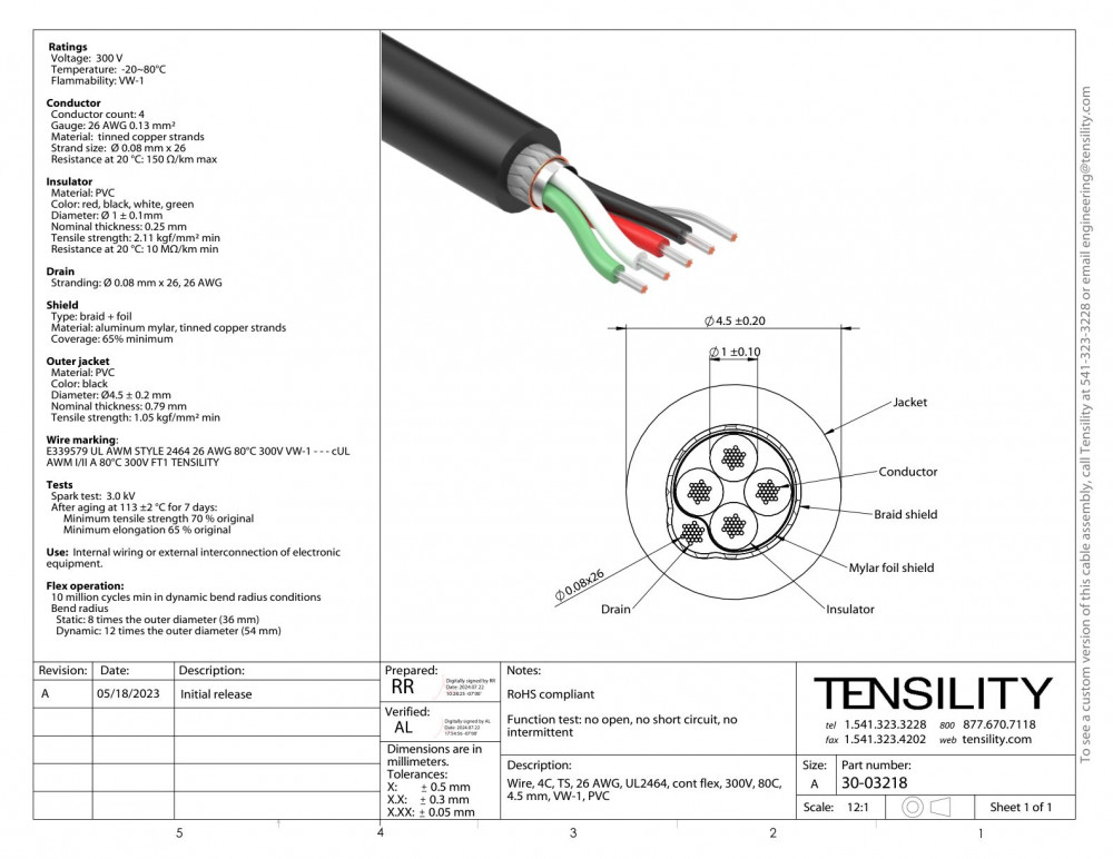 Product specification drawing for Tensility International model 30-03218