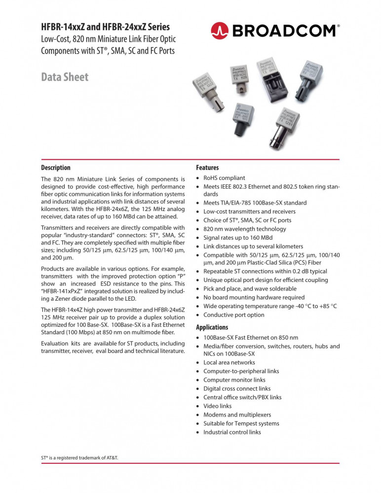 HFBR-14xxZ and HFBR-24xxZ datasheet page 1