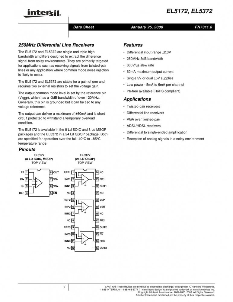 EL5372IU datasheet page 1