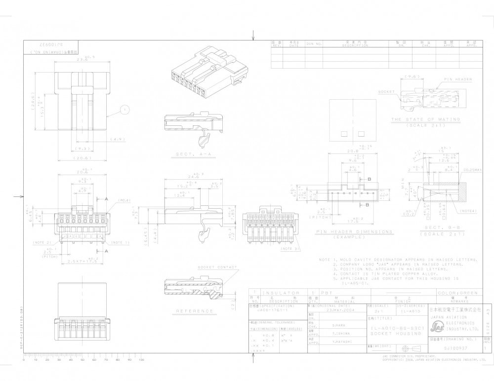 JAE IL-AG10-8S-S3C1 socket housing technical drawing