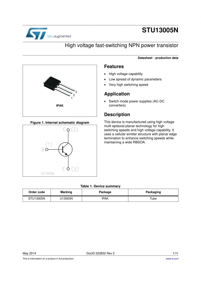 STU13005N datasheet page 1