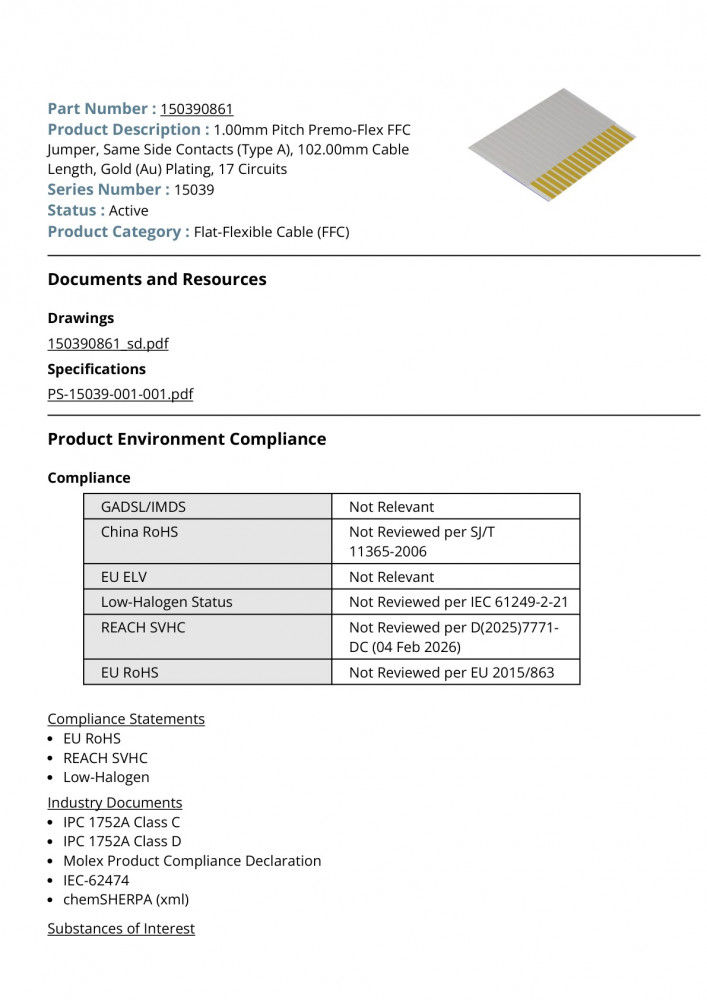 MOLEX 1.00 mm pitch FFC family specification, page 1