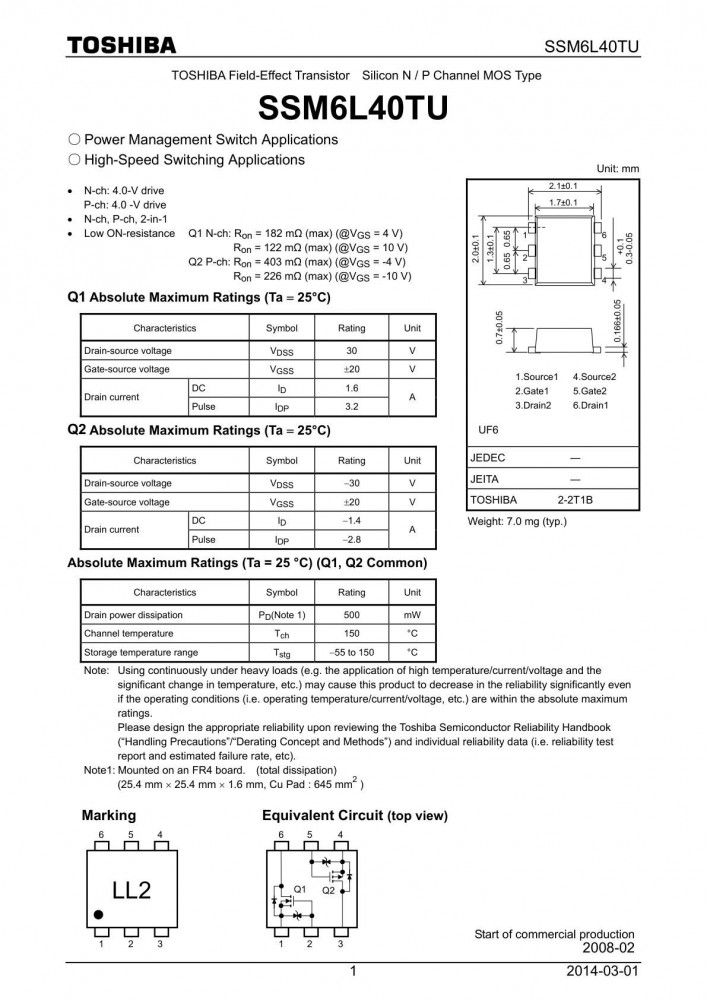 SSM6L40TU,LF datasheet page 1
