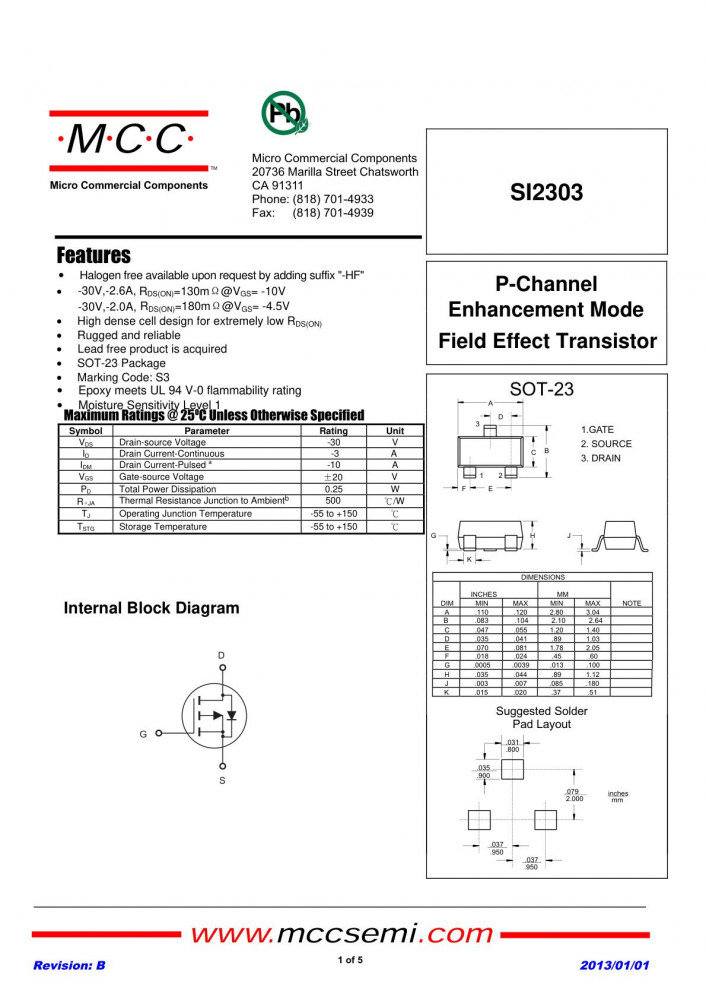 SI2303-TP datasheet page 1