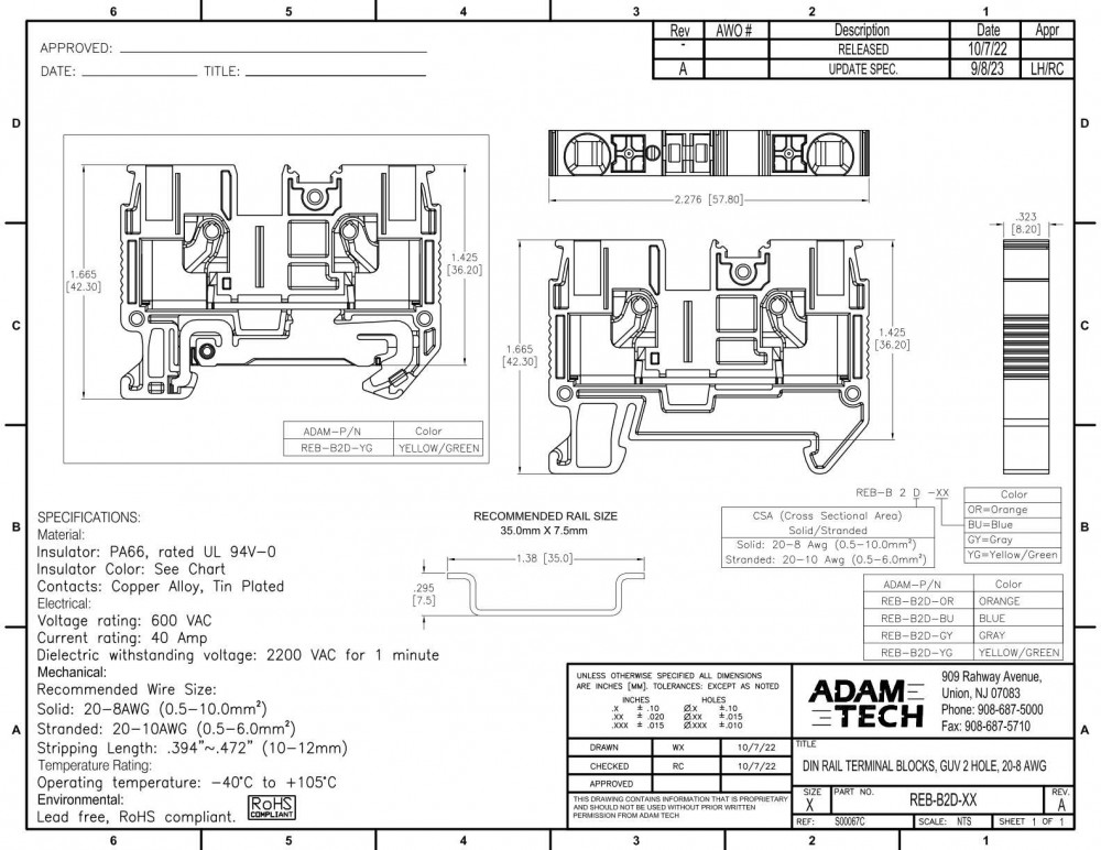 ADAM TECH REB-B2D-XX DIN rail terminal block drawing and specification