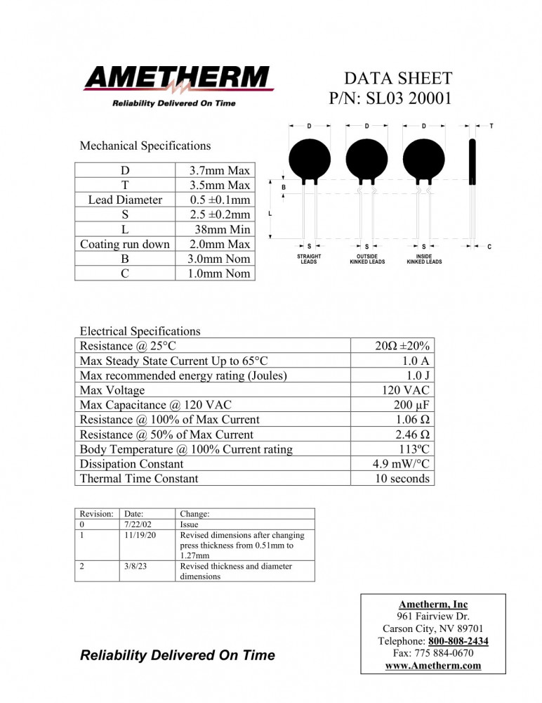 Ametherm SL03 20001 technical datasheet preview