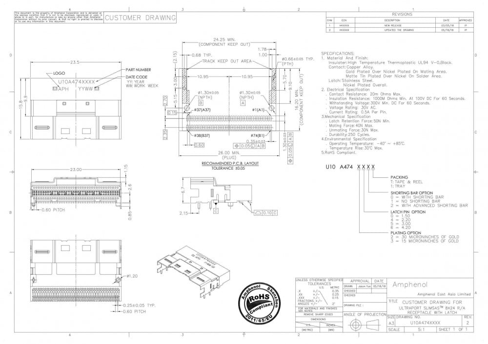 Amphenol U10A474340T UltraPort SlimSAS drawing