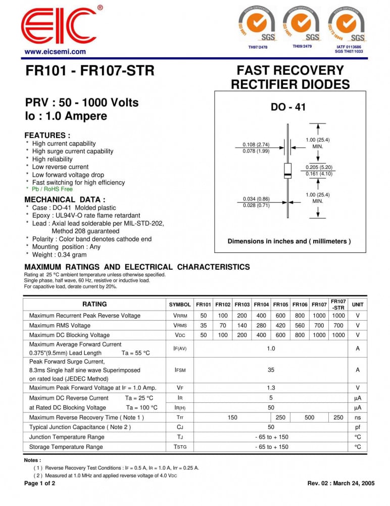 EIC FR107 datasheet page 1