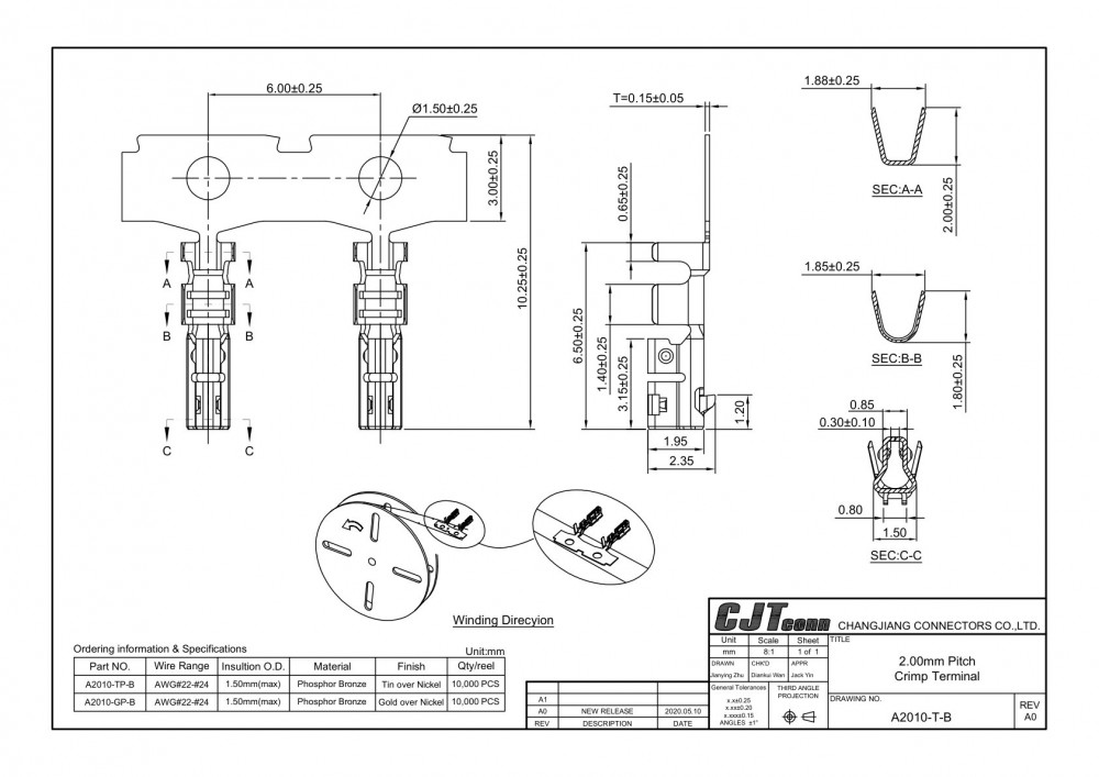 CJT A2010-TP-B 2.00 mm pitch crimp terminal technical drawing