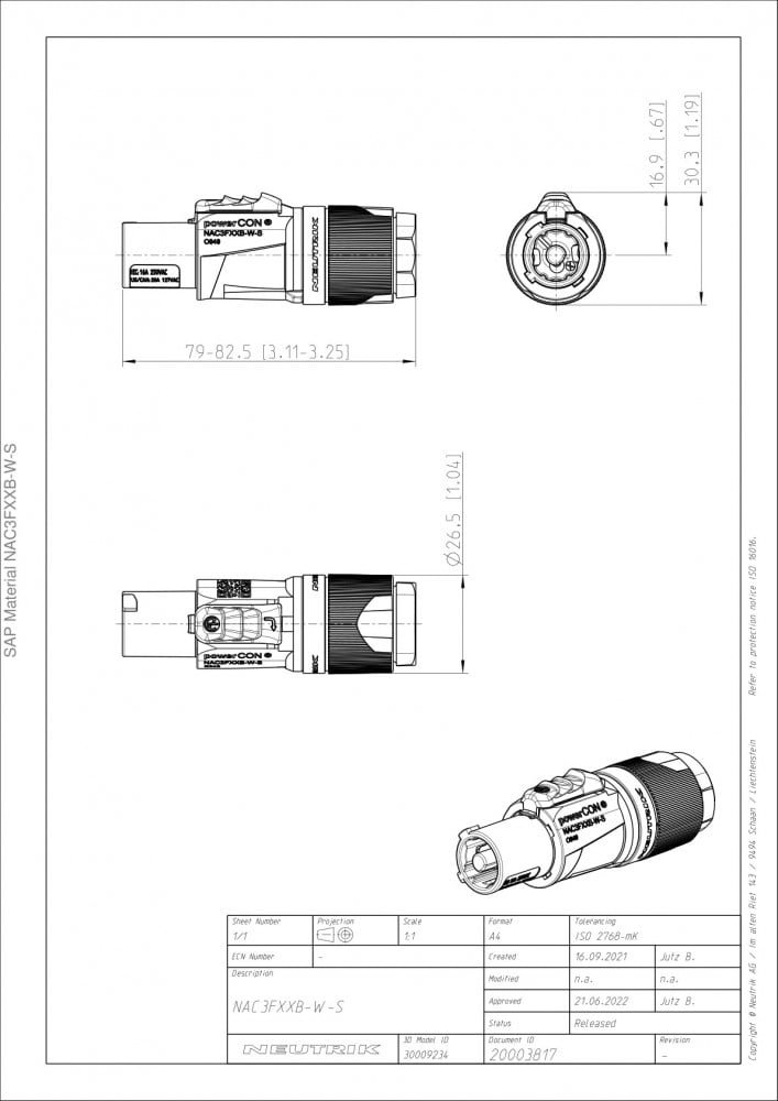 Neutrik NAC3FXXB-W-S released technical drawing