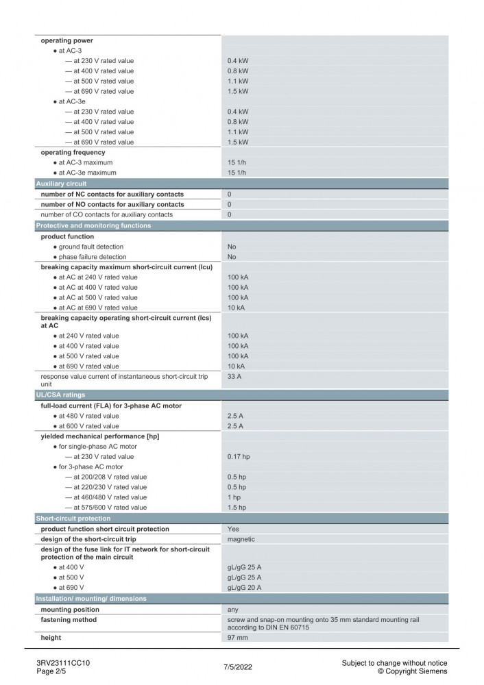 3RV23111CC10 datasheet page 2